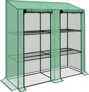Outsunny 3-patrový zahradní skleník s regály, šikmá střecha a 2 zipové dveře pro pěstování rostlin na terase 143x46x141/151 cm Zelený | Aosom