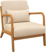 HOMCOM Lounge Křeslo Nordic Styl s Područky a Polštem, Rám z Gumového Dřeva pro Obývací Pokoj, Nosnost 120 kg, 61x78x76 cm, Béžové | Aosom