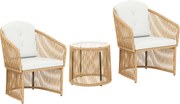 Ratanový bistro set, 3dílná sada zahradního nábytku s kulatým skleněným stolem, křesly a polštáři, krémově bílá barva