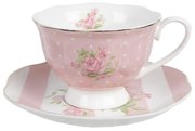 Růžový puntíkatý porcelánový šálek s podšálkem se vzorem růžiček Sweet Roses – 200 ml
