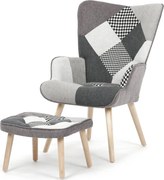 Relaxační křeslo ušák LISA + taburet — masiv, látka, černobílý patchwork