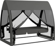 Outsunny 2-v-1 Hollywoodská houpačka s ležící funkcí - 3-místná zahradní houpačka s markýzou a síťkou proti hmyzu, nosnost až 300 kg, lehátko do zahra