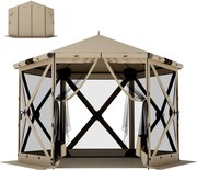 Outsunny hexagonální altán 3,0 x 2,6 m s podložkou, síťovými bočními panely a přepravní taškou — voděodolný, odolný proti UV, khaki | Aosom