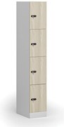 Šatní skříňka S1 s úložnými boxy, 4 boxy, 1850 x 300 x 500 mm, demont, mechanický kódový zámek, laminované dveře, dub přírodní