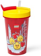 Červený kelímek se žlutým víčkem a brčkem LEGO® Iconic, 500 ml