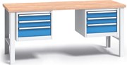 Pracovní stůl do dílny G3 se 2 závěsnými boxy na nářadí, buková spárovka, 6 zásuvek, pevné kovové nohy, 2000 mm, modrá