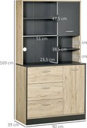 HOMCOM Kuchyňský Bufet Skříňka s Víceúložným Prostorem, 2 Dveře, 3 Zásuvky, 3 Police + Velká Pracovní Deska 90 Š x 39 H x 169 V cm, Dvoubarevná Světlý