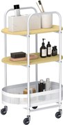 HOMCOM Utility vozík s kolečky - 3-úrovňový kuchyňský vozík se zásuvkou a policemi, nosnost 30 kg, 49,5x32,5x82,5 cm, bílý a přírodní dřevo | Aosom
