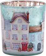 Modrý skleněný svícen vesnička domky Village S - Ø 7*8 cm