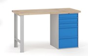Dílenský pracovní stůl G7, buková spárovka, 1500 x 685 x 840 mm, 1x kontejner, 5 zásuvek, modrá