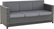 Polyratanová zahradní pohovka Outsunny pro 3 osoby s polštáři, šedá barva, kov a polyester, 185 x 70 x 80 cm, ideální na terasu a balkon |