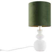 Designová stolní lampa bílá s sametovým stínítkem zelená se zlatem 25 cm - Alisia