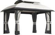 Gartenpavillon, 3,3 x 4 m Gartenzelt mit Netz-Vorhängen, zweistufiges Dach, Kunstleder-Bezug, Metallrahmen, Hellgrau