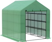 Skleník s 8 policemi Skleník na rajčata Skleníkový chladicí rám s dveřmi Zelený ocelový PE plast 244 x 180 x 210 cm