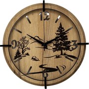 Moderní nástěnné hodiny s motivem lesa a hor | SENTOP HDF0600-GOLD-OAK