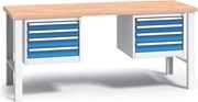 Pracovní stůl do dílny G3 se 2 závěsnými boxy na nářadí, buková spárovka, 8 zásuvek, pevné kovové nohy, 2000 mm, modrá