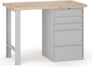 Dílenský pracovní stůl G7, buková spárovka, 1200 x 685 x 840 mm, 1x kontejner, 5 zásuvek, šedá