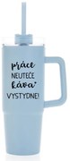 PRÁCE NEUTEČE, KÁVA VYSTYDNE! - světle modrý cestovní termohrnek s průhledným víčkem 900 ml