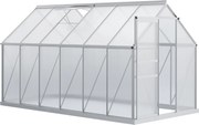 Zahradní skleník Outsunny s polykarbonátem 7,1 m² rozměry 1,9L x 3,75W x 1,99H se základem, nastavitelným střešním oknem a posuvnými dveřmi - Stříbrný