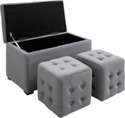 HOMCOM 3dílná sada se storage, 2 x taburety, čalouněná lavice, podnožka, úložný box, opěrka nohou, nosnost do 130 kg, mikrovlákno, pěna, 75 x 40 x 42