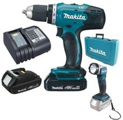 Makita Nářadí - 18V AKU sada vrtačky a LED svítilny, 2x aku 1,5 Ah Li-Ion, nabíječka DDF453SYEL