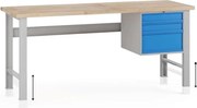 Výškově nastavitelný dílenský stůl G7, buková spárovka, 2000 x 800 x 840-1040 mm, 1x kontejner, 3 zásuvky, modrá