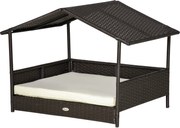 PawHut ratanová bouda pro psy s polštářem 98 x 69 x 73 cm pelíšek ve formátu domečku venkovní bouda pro psy z ocelového rámu PP kávově hnědá | Aosom.…