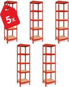 Akce 5x Regál 180x40x40 cm lakovaný 5-policový, nosnost 875 kg - červený
