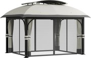 Outsunny Pavilón s Dvojitou Střechou, 4x3,3m Vodotěsný Pevný Zimní Zahradní Pavilón s Moskytiérou a Bočními Panely, Zahradní Pavilón z Pozinkovaného K