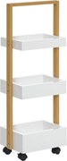 HOMCOM Bambusový úložný vozík s kolečky do kuchyně s 3 koši a madlem pro obývací pokoj a koupelnu 28x18x75 cm Bílý a přírodní | Aosom