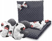 Dětská deka do kočárku s polštářkem a motýlkem - BABYMAM PREMIUM set 3v1 - Myška Minnie s grafitovou minky