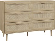 HOMCOM Skříňka s 6 zásuvkami a ratanovým předním panelem, rozměry 110 Š x 40 H x 75 V cm, vzhled světlého dřeva | Aosom