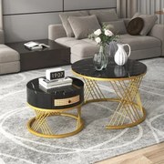 Aosom Konferenční stolek set 2 v 1 70x70 cm s ratanovými zásuvkami zlaté nohy MDF do obývacího pokoje černý