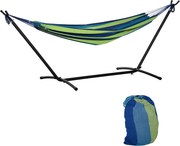 Houpací síť Outsunny s konstrukcí 310x117 cm, přenosná kempovací houpací síť s nastavitelnou výškou, nosnost 120 kg, pruhovaná zelená a modrá | Aosom