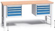 Výškově nastavitelný pracovní stůl do dílny G3 se 2 závěsnými boxy na nářadí, buková spárovka, 8 zásuvek, 2000 x 685 x 840 - 1050 mm, modrá