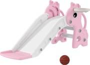 dětská skluzavka 3 v 1, tvar žirafy, basketbalový koš, míč, růžová barva