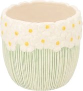 Bílo-zelený obal na květináč s reliéfem květů Jane Flower - Ø 10*9 cm
