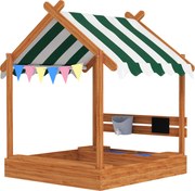 Pískoviště s ochranou proti slunečnímu záření, design domečku na hraní, se sadou hraček, opracované masivní dřevo, 124 x 116 x 146 cm, zelená barva