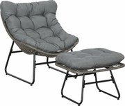 Outsunny ratanové relaxační křeslo s podnožkou zahradní křeslo venkovní ratanové křeslo s polštářem, ocel a polyester, šedé 69x76x70 cm pro zahradu a…