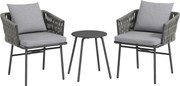 3dílná sada venkovního nábytku, 2 židle, 1 stůl, bistro set, umělý ratan, ocelový rám, kovový stůl, 4 polštáře, šedá barva