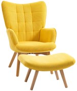 HOMCOM polohovatelné křeslo lounge wing chair s taburetem ve žluté barvě, křeslo s dřevěnými nohami, vzhled šňůry pro příjemné posezení | Aosom.de