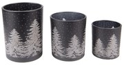 3ks černý skleněný svícen na čajovou svíčku se stromky – 10x12 / 9x10 / 7x8 cm