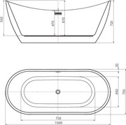 Mexen Lotos, volně stojící vana 150 x 75 cm, bílá/černá, přepad broušený nikl, 52051507775-97