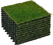 Outsunny 10-dílný umělý trávník 30x30 cm s výškou trávy 20 mm, odolný proti UV záření, pro zahradu, terasu a balkon, tmavě zelený | Aosom