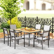 Jídelní stůl Outsunny pro 6 osob, zahradní stůl s obdélníkovým vrchem z oceli s dřevěným efektem, proti rezivění, pro terasu, 150 x 90 x 72 cm, přírod