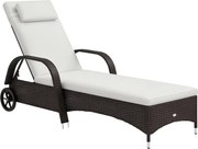 Outsunny Zahradní Lehátko z Polyrattanu s 5stupňově Nastavitelným Opěradlem, Polstrem, Kolíčky, Vankúšom, Nosnost 160kg, 200x73x30-103cm, Kávově hnědá