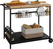 Dřevěný pojízdný servírovací vozík Outsunny s 2 policemi, 2 kovovými koši a držáky na víno pro zahradu a patio 97,5x65x81 cm Přirozená a Černá | Aosom