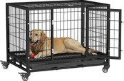 PawHut Metalová klec pro psy s kolečky a brzdami, odnímatelný zásobník a dvířka s pojistkou pro zlatého retrívra labradora 92x62x75 cm Černá | Aosom