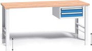 Výškově nastavitelný pracovní stůl do dílny G3 se závěsným boxem na nářadí, buková spárovka, 2 zásuvky, 1700 x 685 x 840 - 1050 mm, modrá