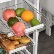 HOMCOM Kuchyňský vozík na kolečkách, Servírovací vozík, 4 kovové koše + zásuvka, Kuchyňský vozík, Rám z borovicového dřeva, Pro malé prostory, Kuchyň,